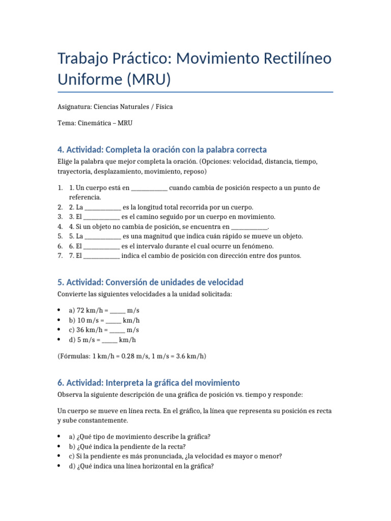 Trabajo Practico Cinematica MRU | PDF