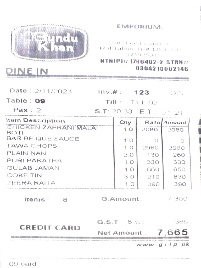 Dinner Bill Summary for Table 09 | PDF