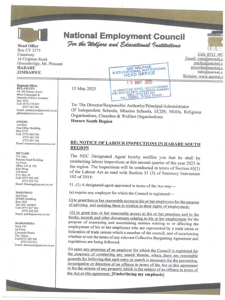Notice of Nec Inspections in Harare South Region | PDF