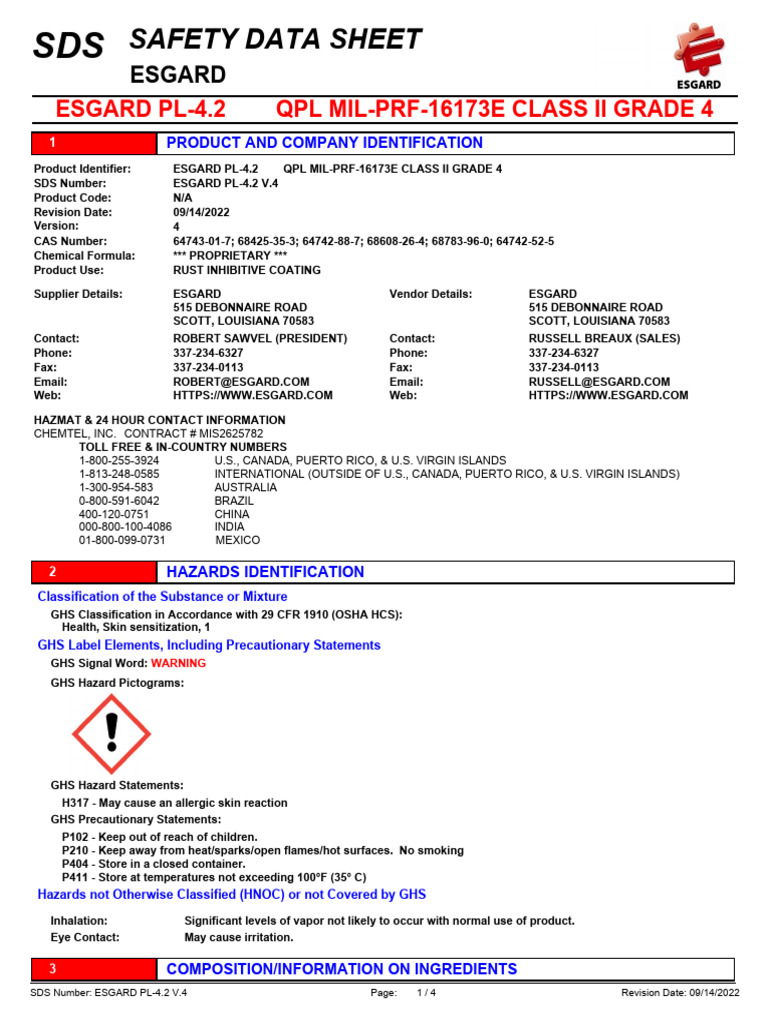 ESGARD PL-4.2 Safety Data Sheet | PDF | Water | Petroleum