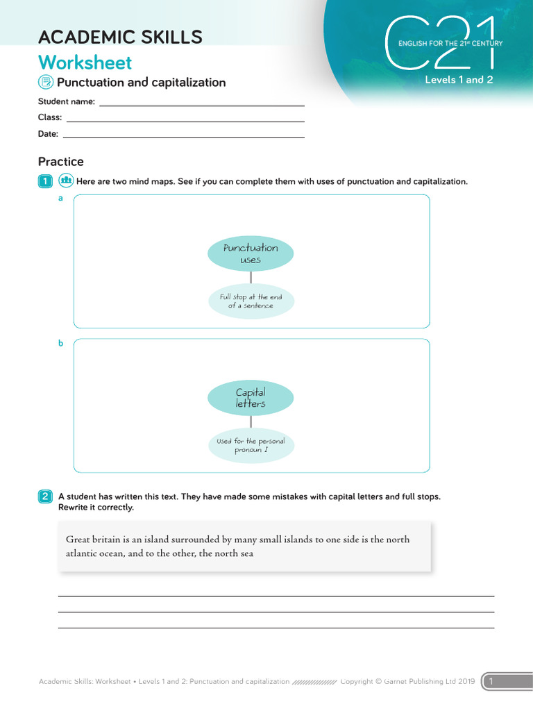 C21 L1+2 Academic Skills Worksheet Punctuation and Capitalization | PDF ...
