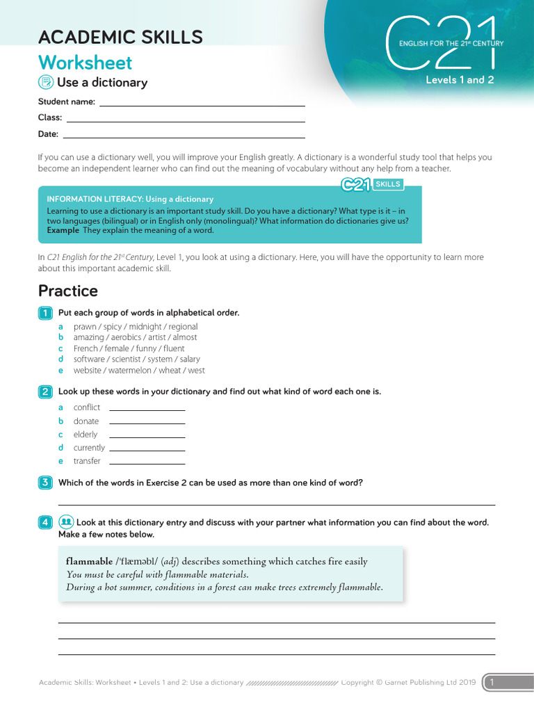 C21_L1+2_Academic_Skills_Worksheet_Use_a_dictionary | PDF | Dictionary ...