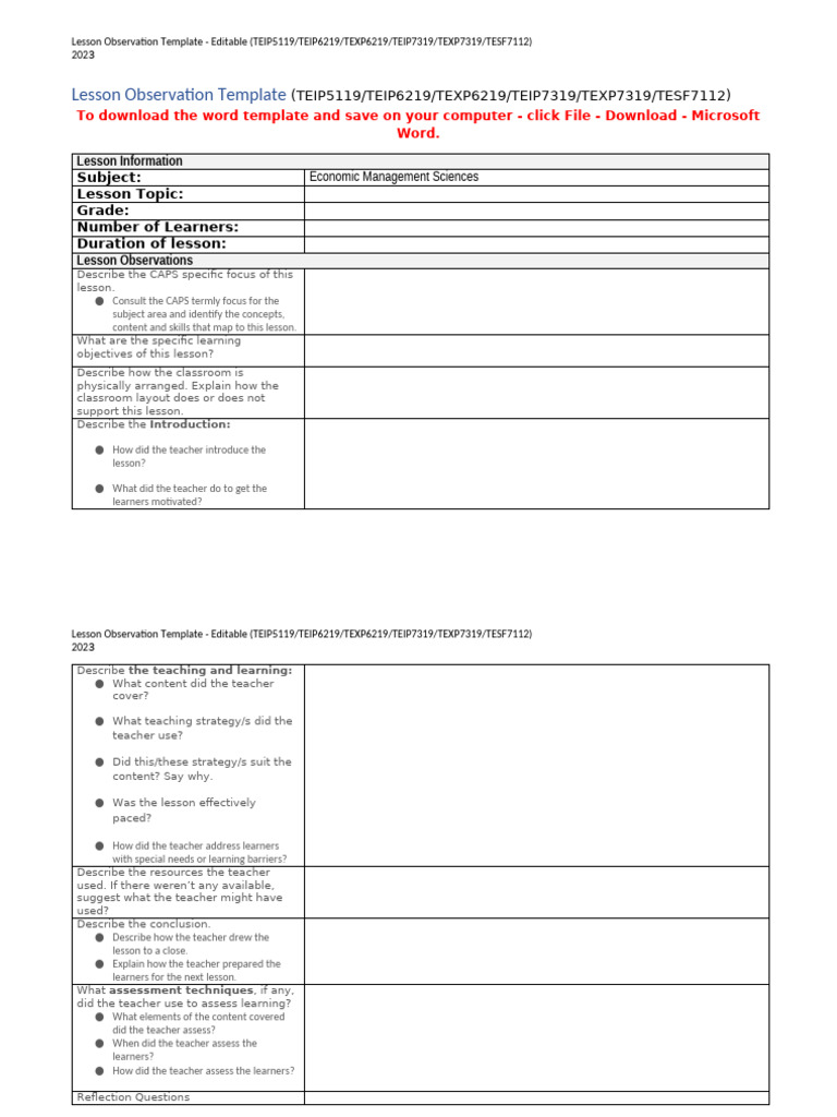 Lesson Observation Template (Editable) | PDF