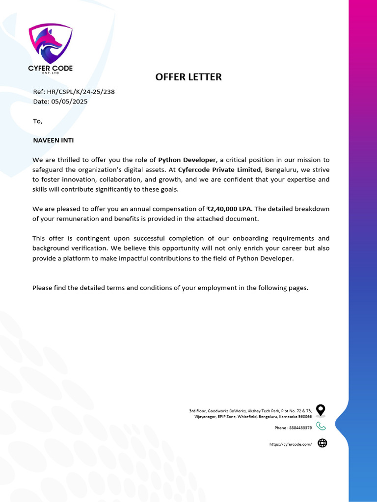 cyfer code @320 offer letter | PDF | Employment | Trade Secret