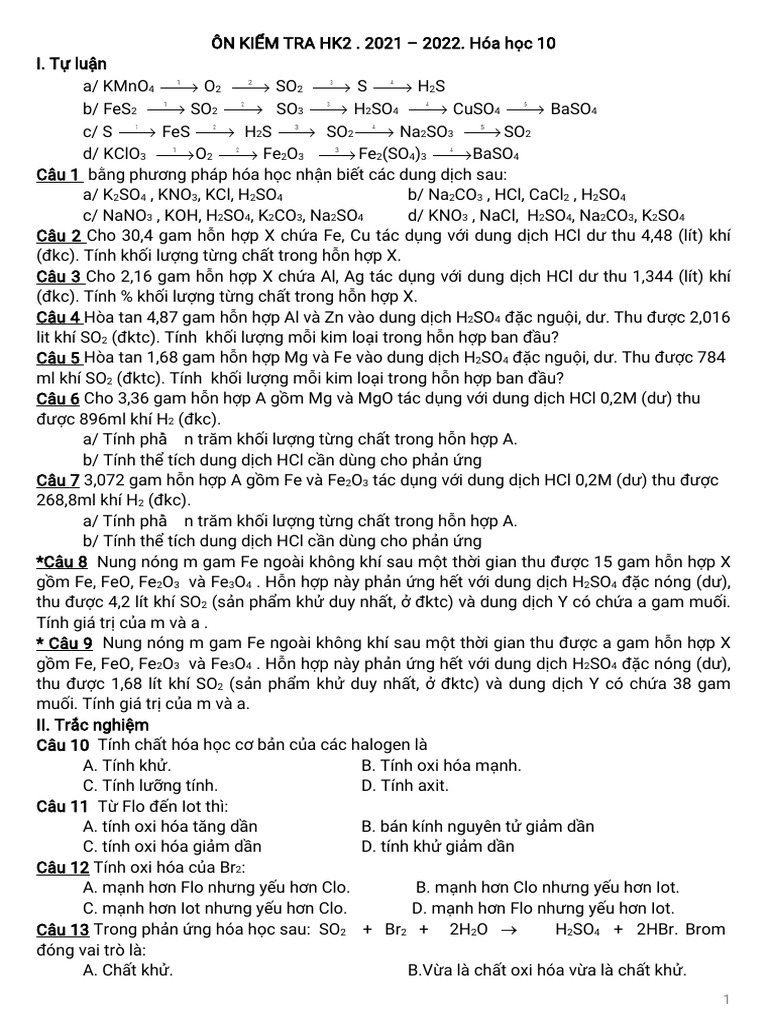 Ôn Hk2-2021-2022-Hóa10 | PDF