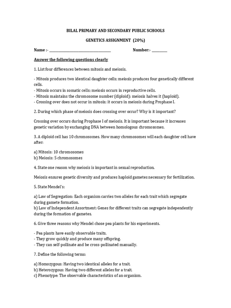 Genetics Assignment: Mitosis vs. Meiosis | PDF | Meiosis | Dominance ...
