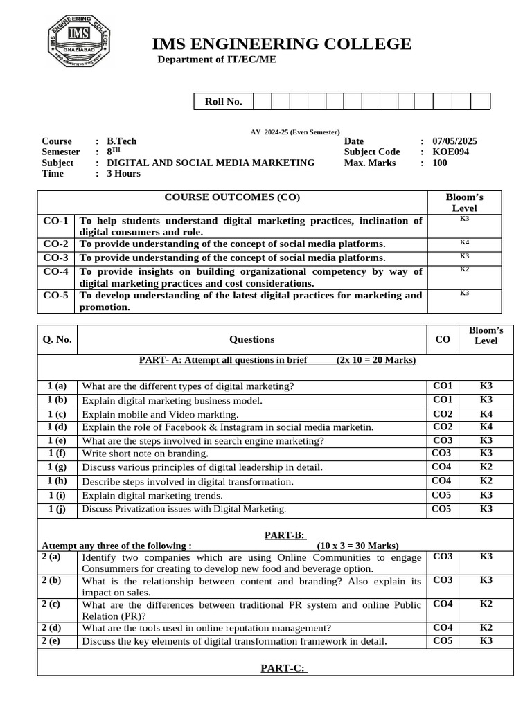Put Question Paper Template K Series Pdf Digital Marketing 4264