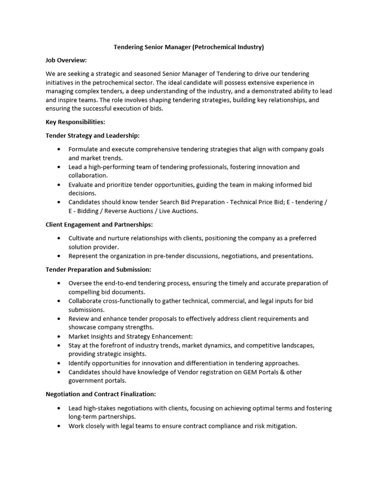 Job Description Tender Profile | PDF | Leadership | Negotiation