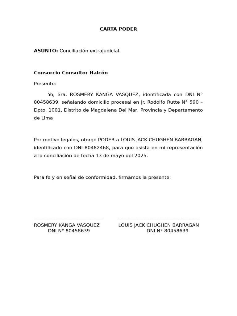 Carta Poder para Conciliación Extrajudicial | PDF