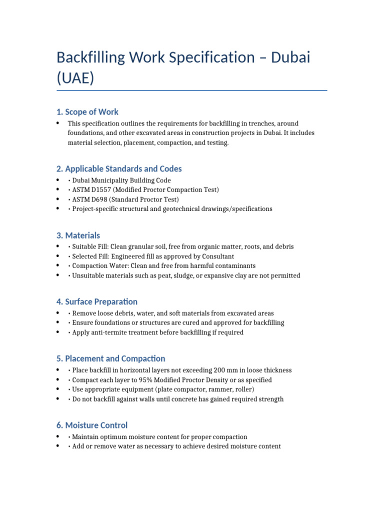 Backfilling Work Specification Dubai | PDF