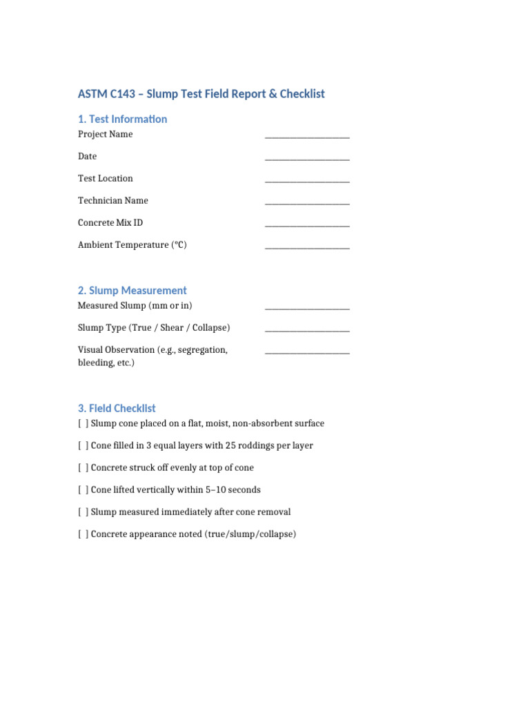 ASTM C143 Slump Test Form | PDF