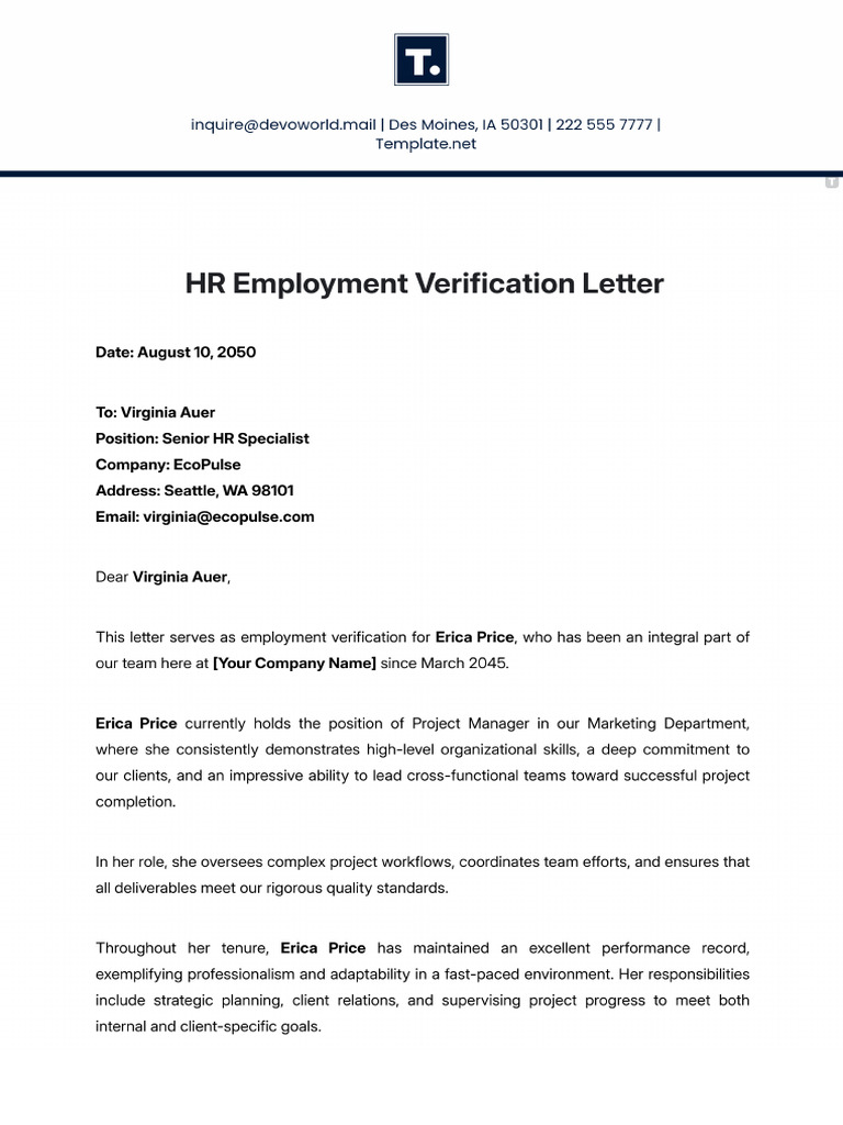 HR Employment Verification Letter Template | PDF