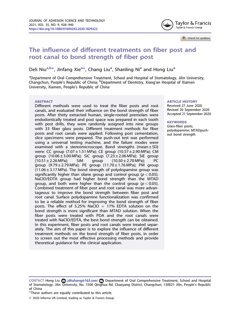 The Influence of Different Treatments On Fiber Post and Root Canal To ...