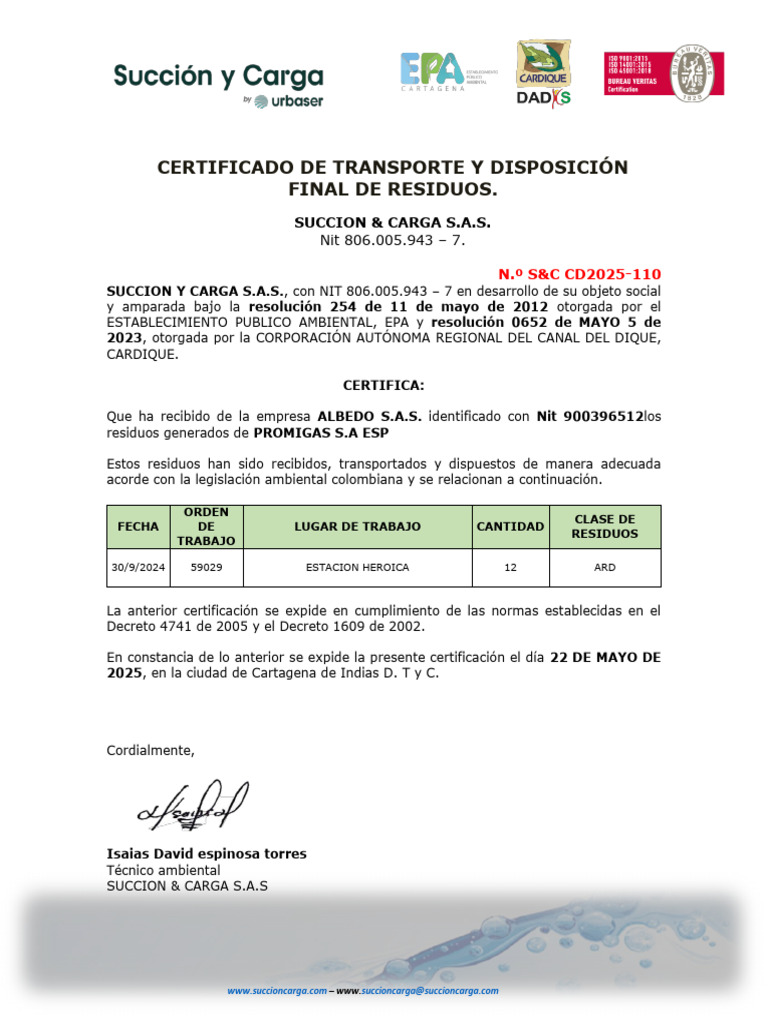 Certificado EPA de Residuos 2025 | PDF