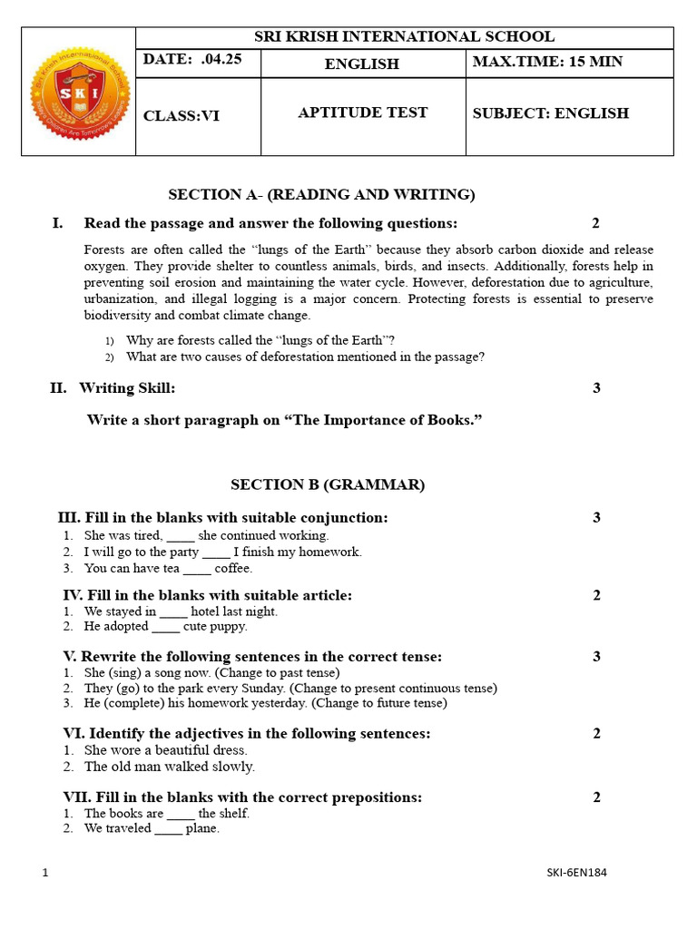 English Aptitude Test G6 | PDF | Deforestation | Forests