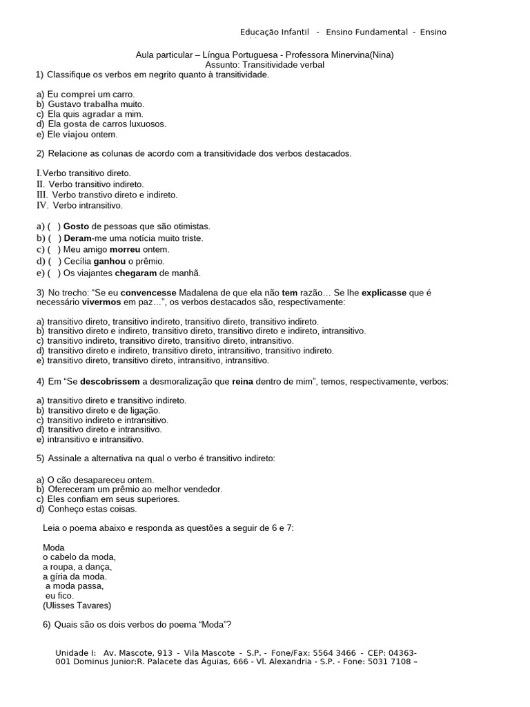 Exerc Transitividade Verbal | PDF | Objeto (gramática) | Sintaxe