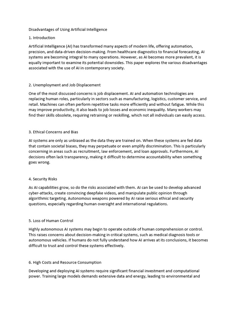 Disadvantages of Artificial Intelligence | PDF | Artificial ...