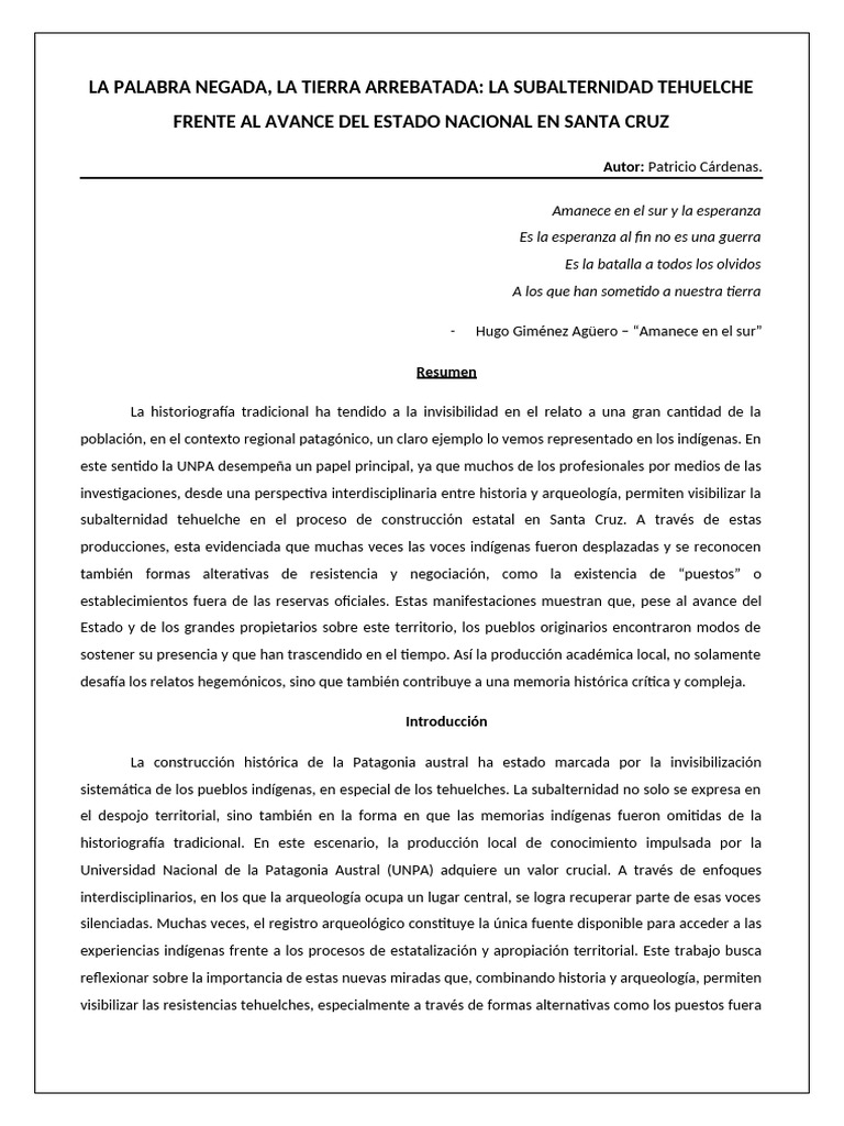 Subalternidad Tehuelche en Santa Cruz | PDF | Conocimiento | Arqueología