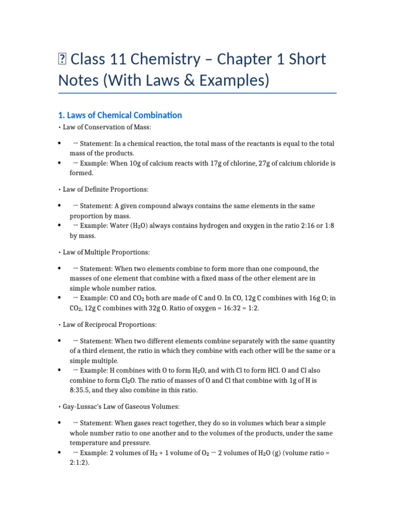 Chemistry Ch1 Short Notes With Laws Examples | PDF