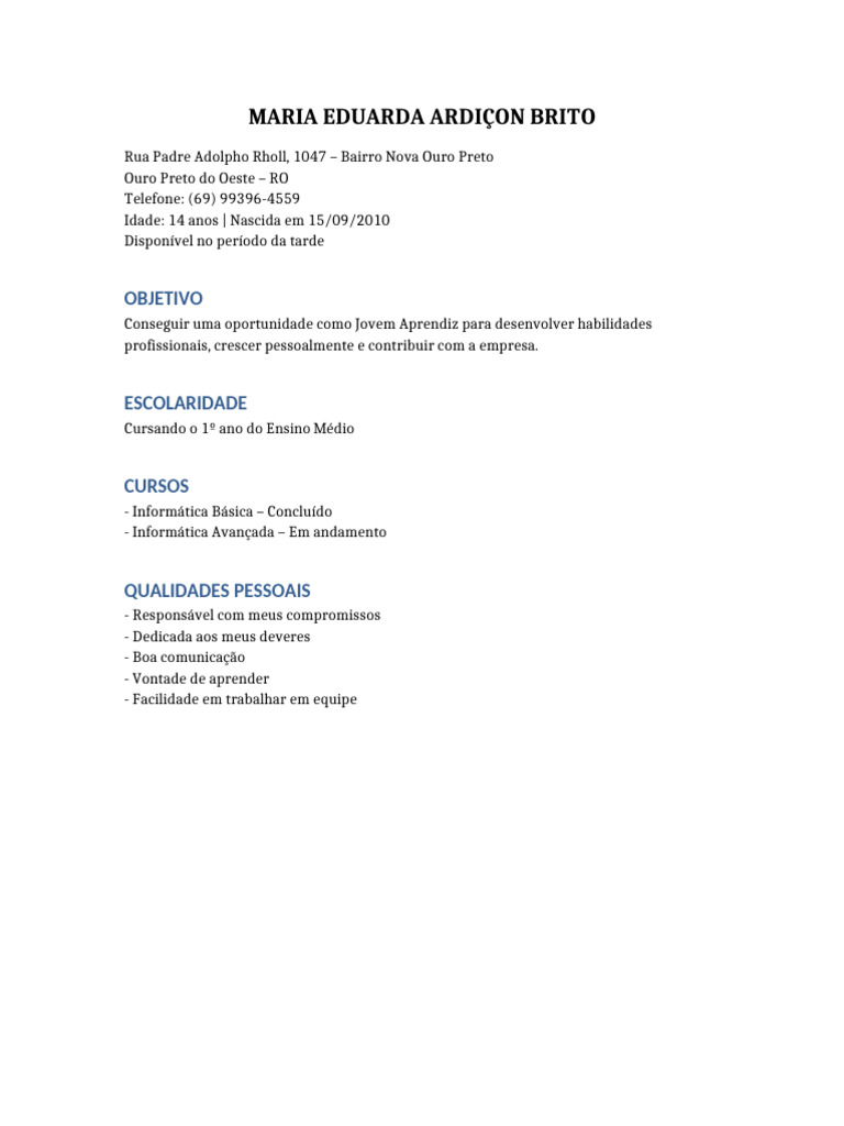 Curriculo Maria Eduarda Brito | PDF