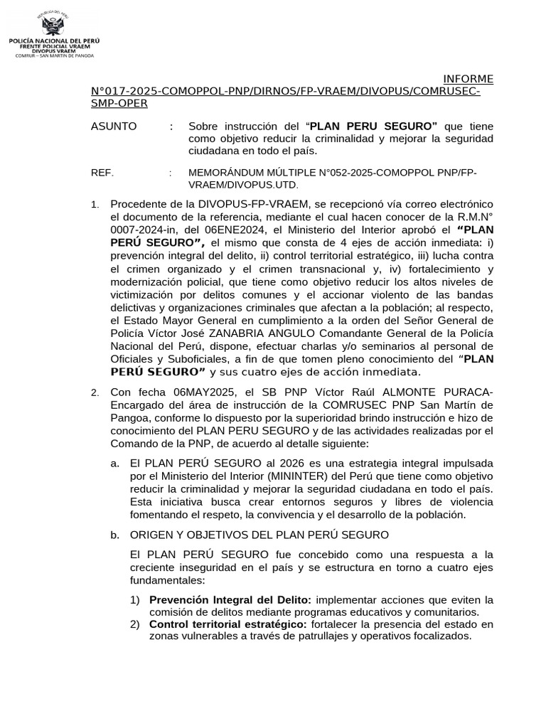 Informe N°017 Informe Plan Peru Seguro | PDF | Policía | Perú