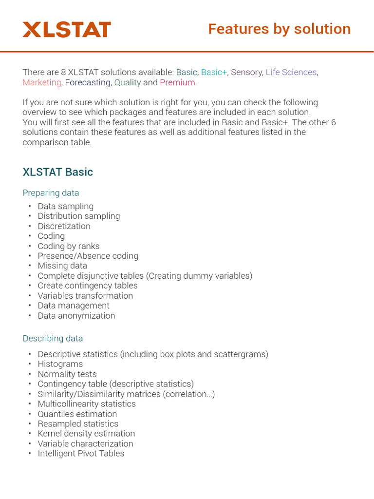 Features by Solution: XLSTAT Basic | PDF | Regression Analysis | Analysis Of Covariance
