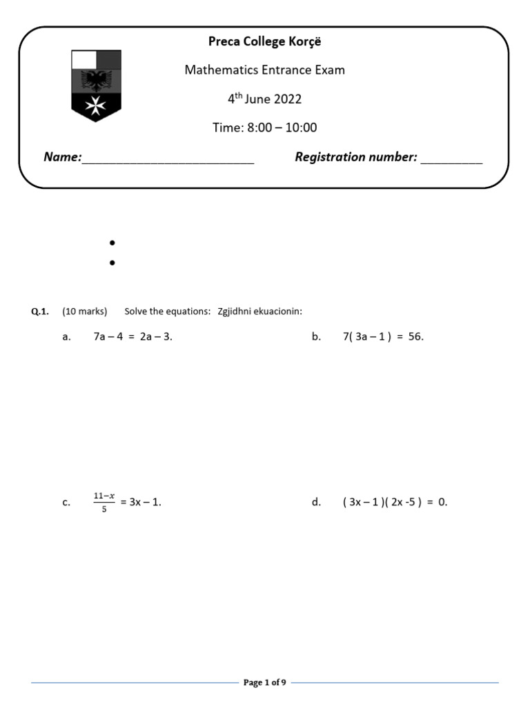 Mathematics Entrance Exam 2022 | PDF | Mathematics