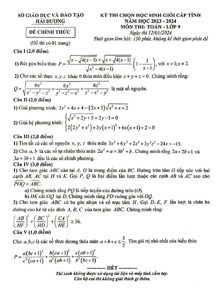De Hoc Sinh Gioi Cap Tinh Toan 9 Nam 2023 2024 So GDDT Hai Duong | PDF