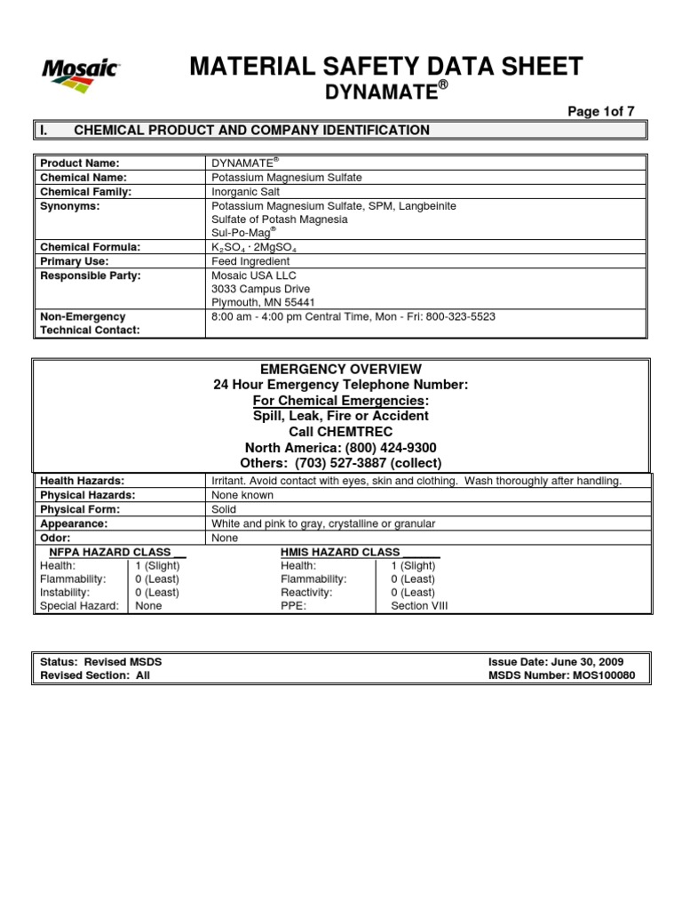 Dynamate MSDS June 30 2 | Personal Protective Equipment | Magnesium