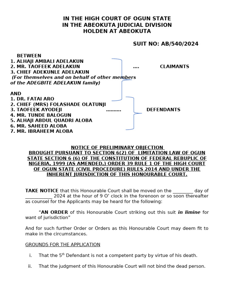 Ogun Court Jurisdiction Challenge 2024 | PDF | Lawsuit | Jurisdiction
