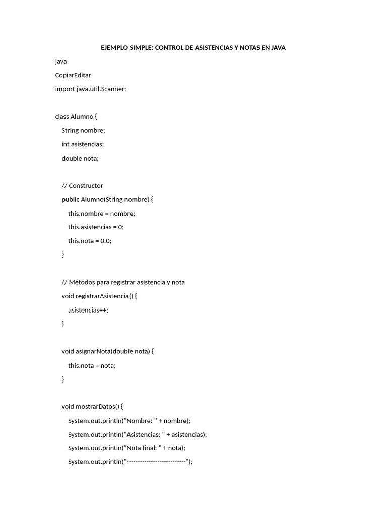 Ejemplo Básico Control de Asistencias y Notas en Java | PDF