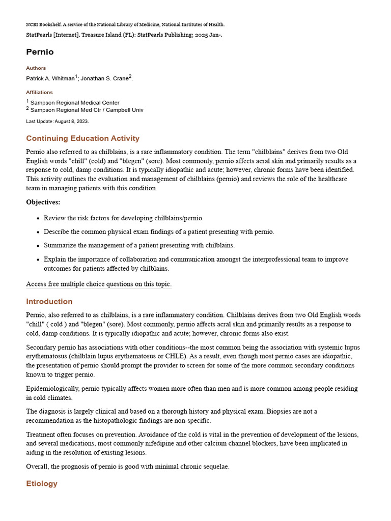 Pernio - StatPearls - NCBI Bookshelf | PDF | Medical Diagnosis ...