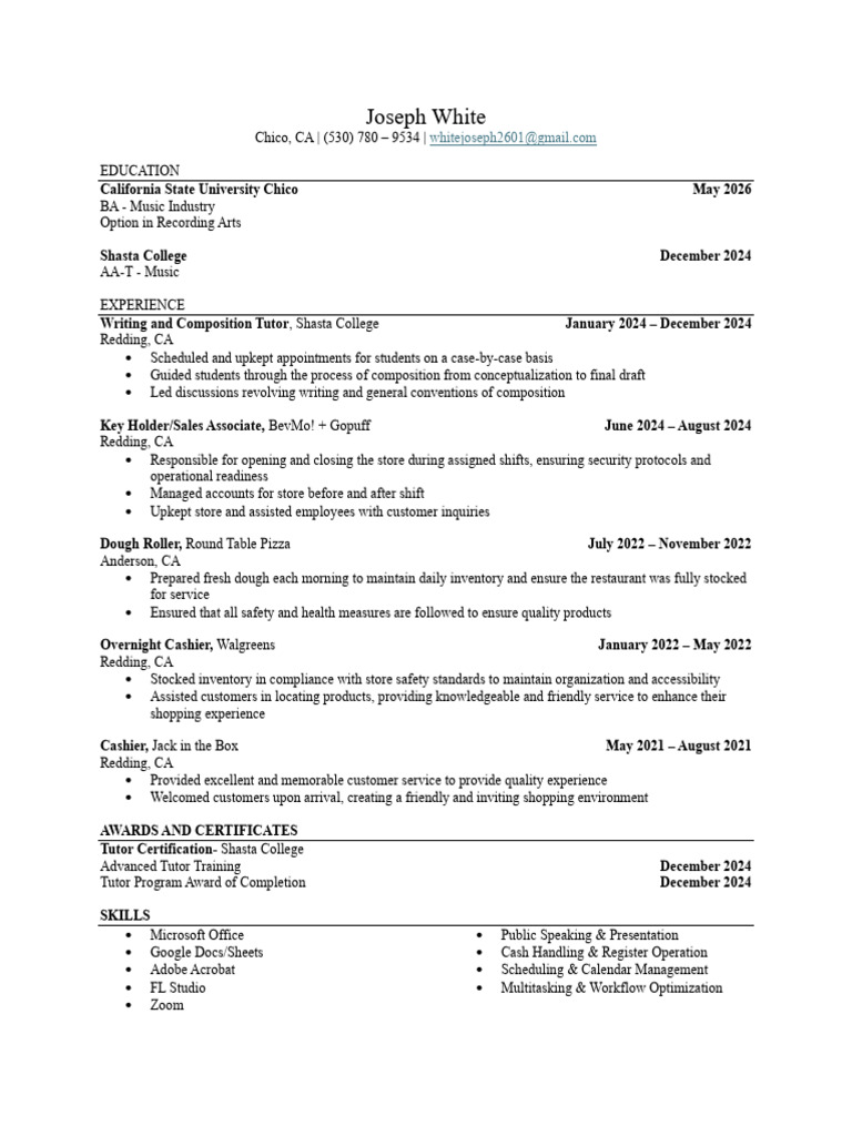 Joseph White Resume Chico | PDF