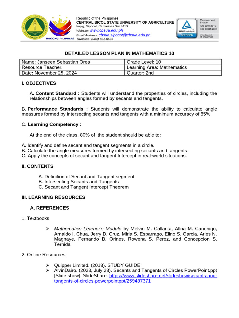 DLP Intersecting Secants & Tangents | PDF | Circle | Trigonometric Functions