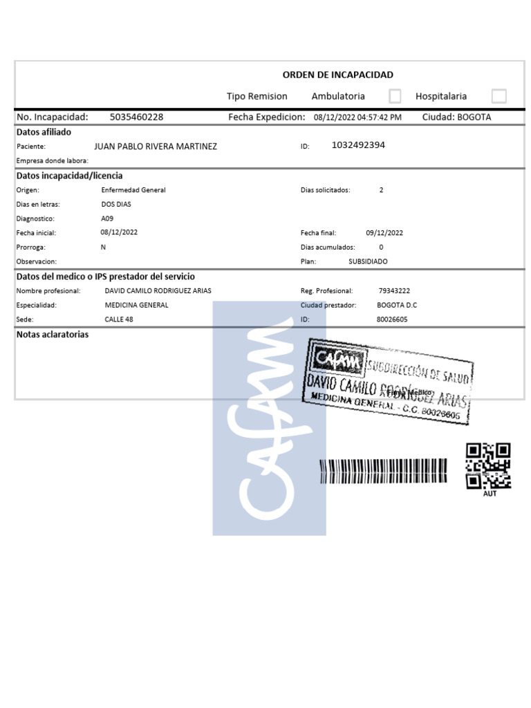 Incapacidad Cafam Famisanar | PDF