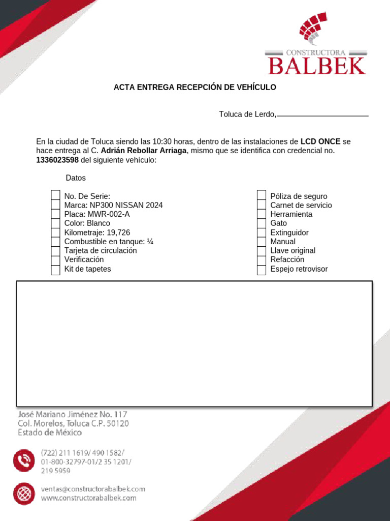 Acta de Entrega de Vehículo NP300 | PDF