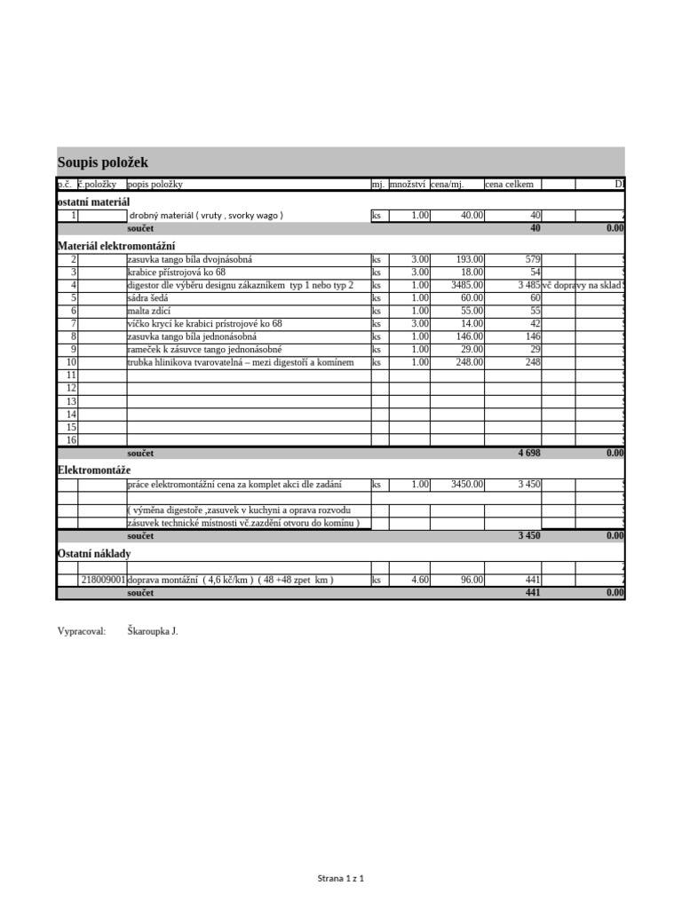 Oprava Elektroinstalace - Zasuvky +digestor Libun | PDF