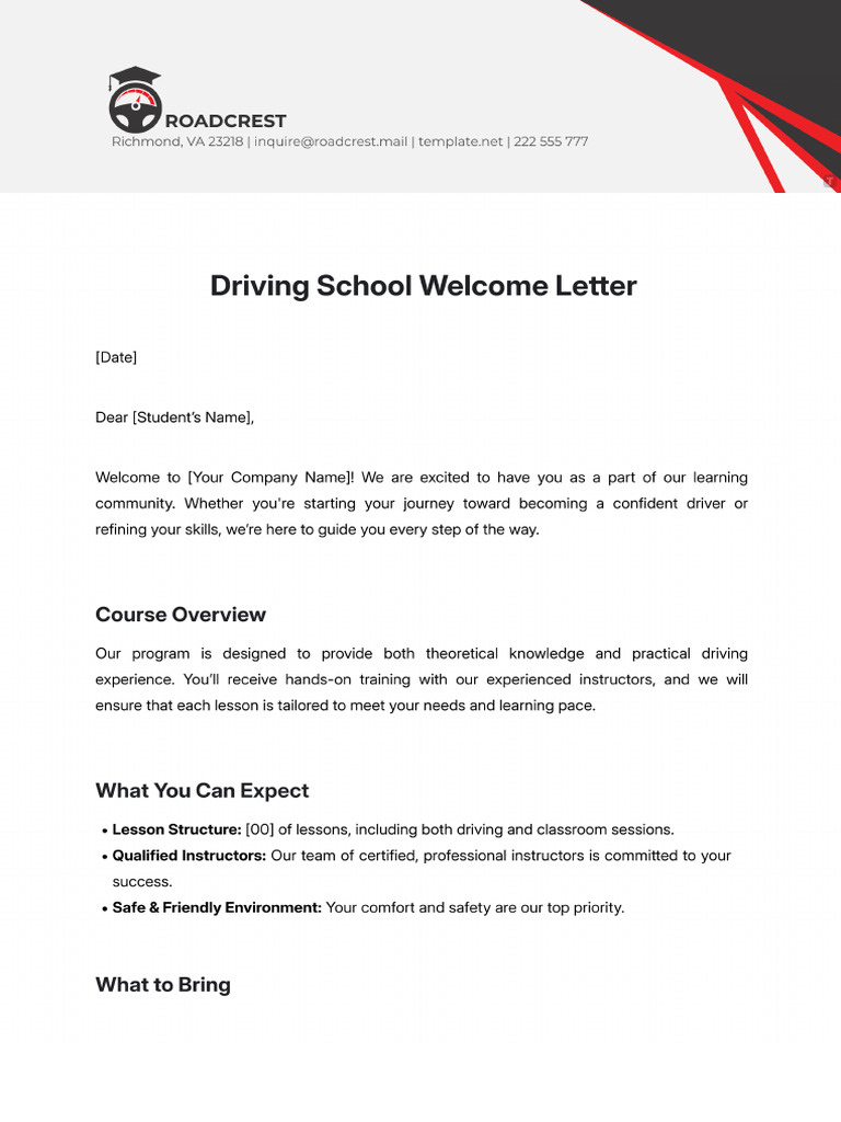 Driving School Welcome Letter Template | PDF