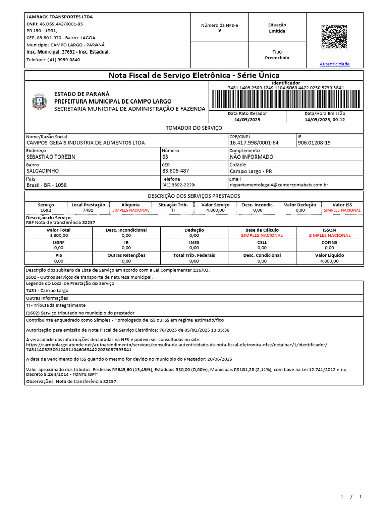 NFS-e Ref Nota de Transferência 82257 | PDF
