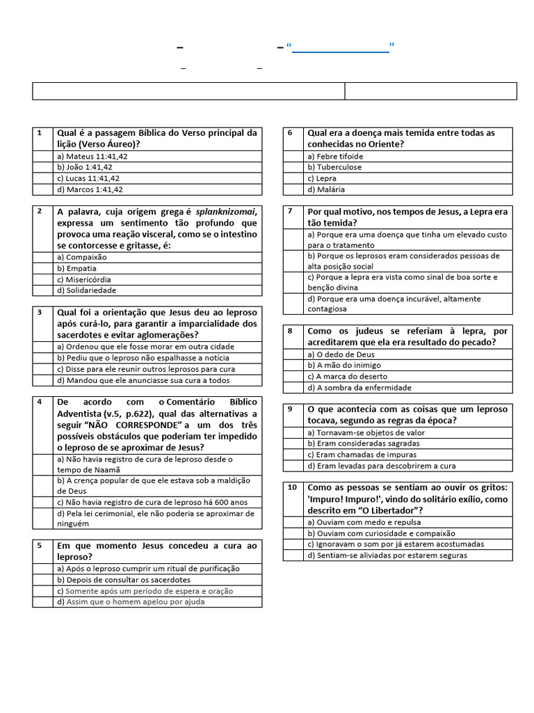 Prova 8 - 2º Trimestre 2025 - 1 Folha | PDF | Lepra | Jesus