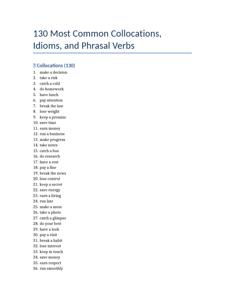 130 Real Collocations Idioms Phrasal Verbs | PDF
