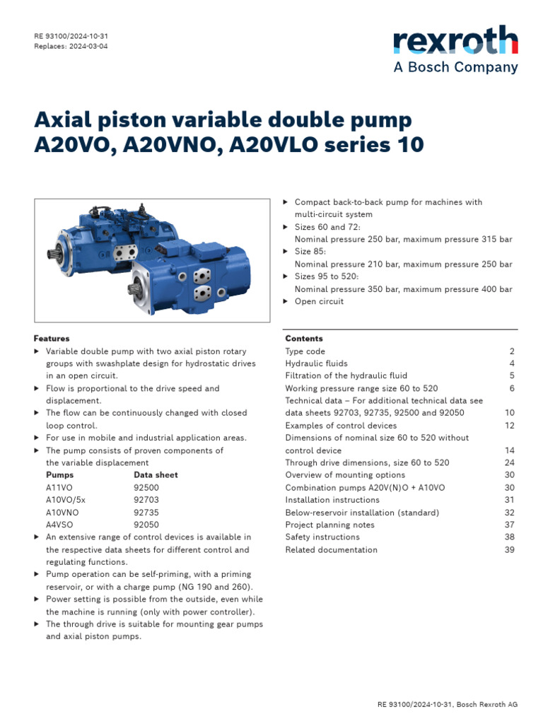 Axial Piston Variable Double Pump A20V Series | PDF | Pump | Gases