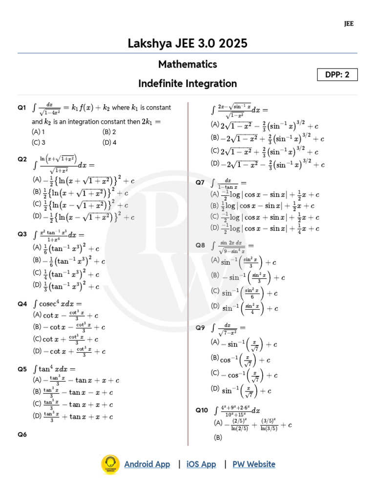 Indefinite Integration - DPP 02 | PDF