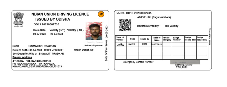 Indian Union Driving Licence Issued by Odisha: Emergency Contact Number ...