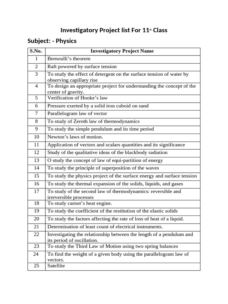 Investigatory Project List For 11th Class | PDF | Heat | Newton's Laws ...