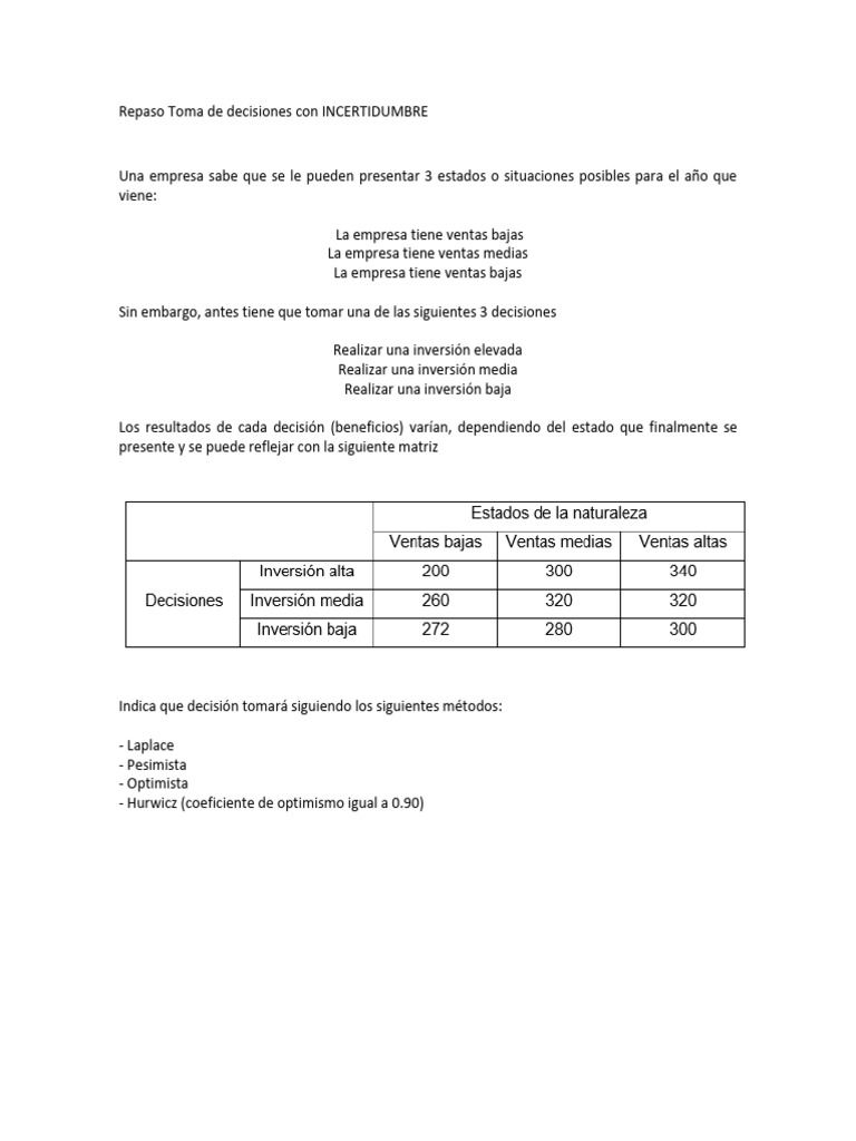 Repaso Decisiones en Condiciones de Incertidumbre | PDF