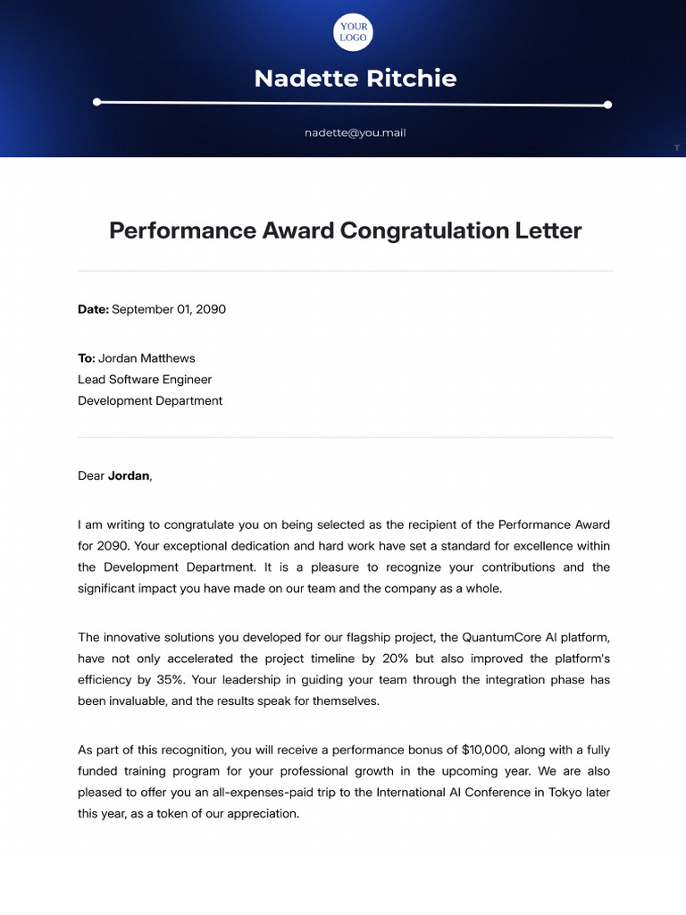 Performance Award Congratulation Letter Template | PDF