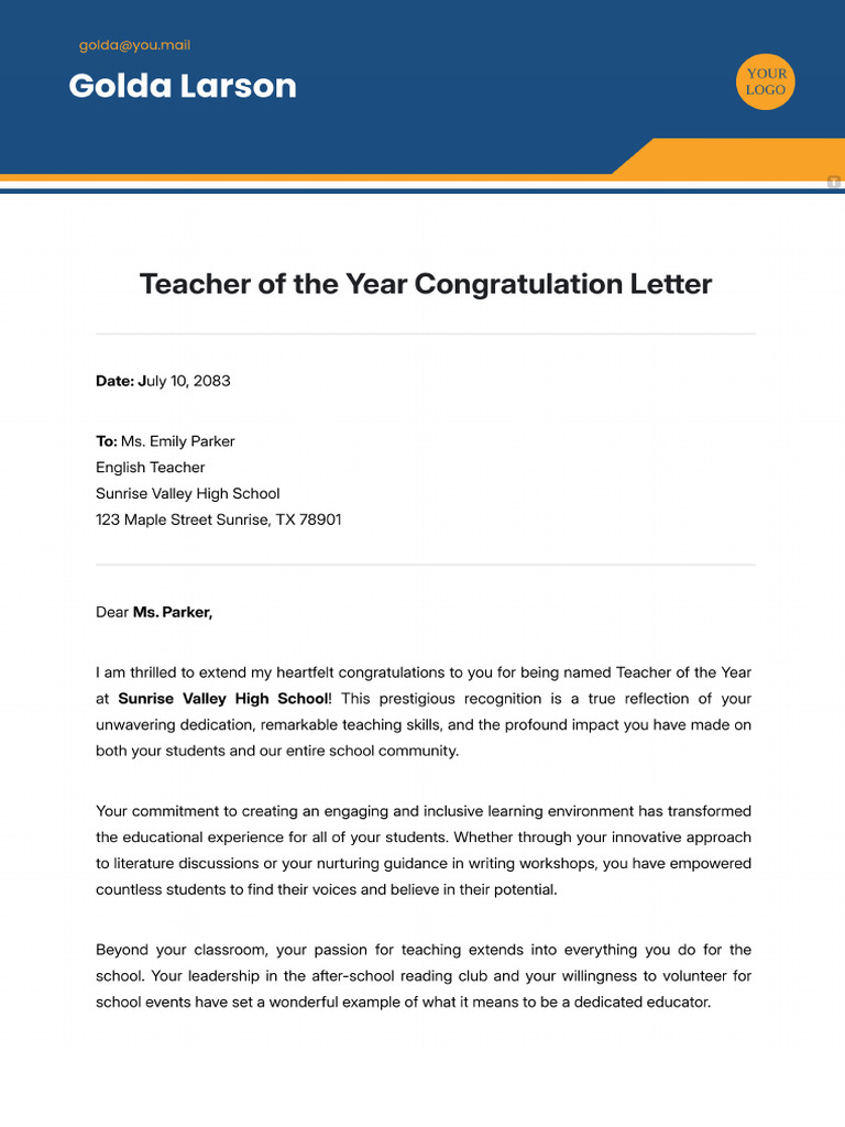 Teacher of The Year Congratulation Letter Template | PDF