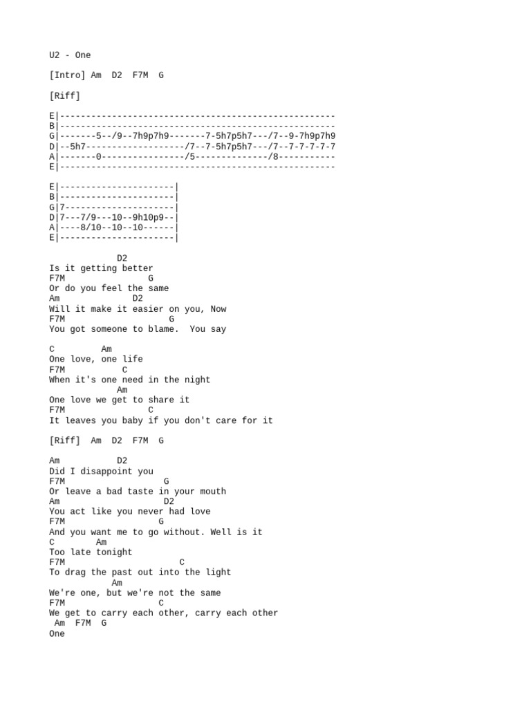 U2 One Chords and Lyrics Guide | PDF