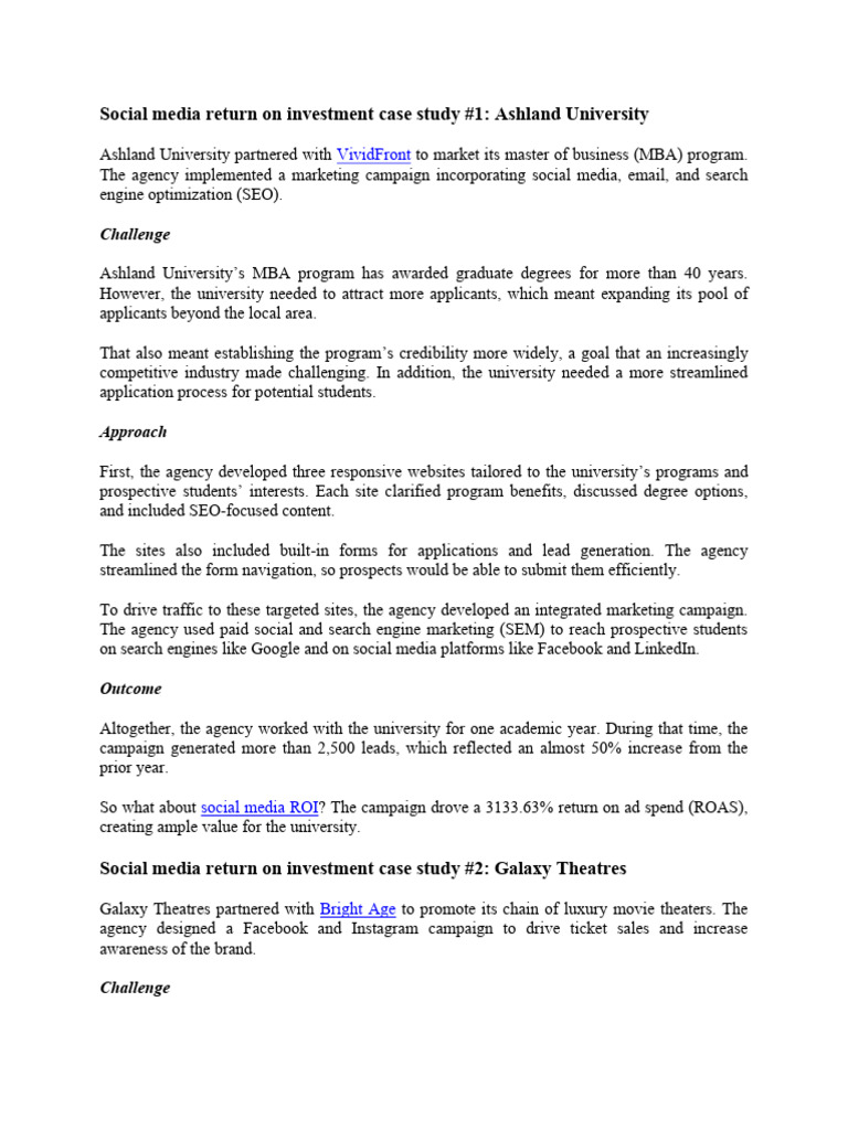 Social Media Return On Investment Case Study | PDF | Popular Culture ...